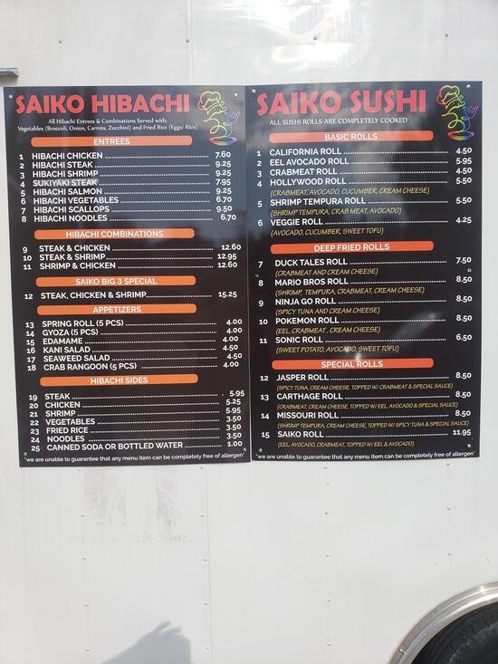 Menu at Saiko Hibachi restaurant, McPherson