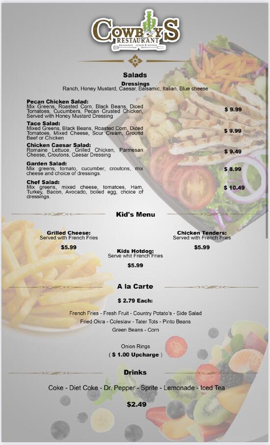 Menu at Cowboys Restaurant, Lake Dallas