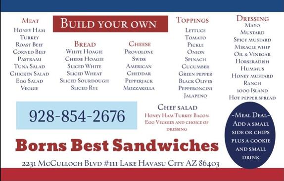 Menu at Born's Best Sandwiches restaurant, Lake Havasu City