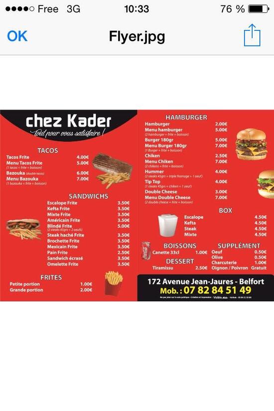 Menu au Chez Kader restaurant, Belfort