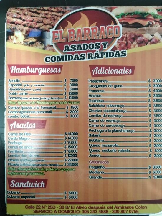 Menu at El Barraco Chiclan, Montería