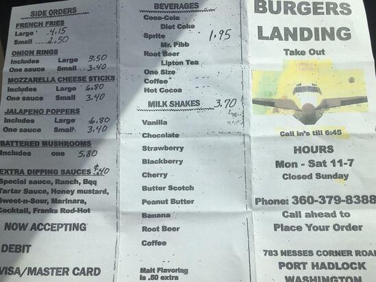 Menu at Burgers Landing restaurant, Port Hadlock-Irondale