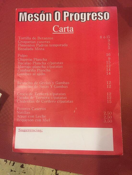 Carta del restaurante Mesón O Progreso, Betanzos