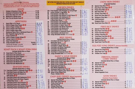 Menu at The Swan Chinese fast food, Manchester