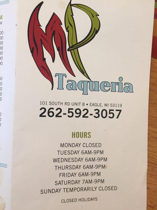 Menu at MP Taqueria restaurant, Eagle