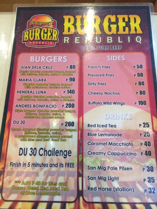 Menu at Burger Republiq, Zamboanga