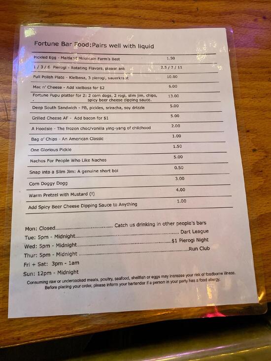 Menu at Fortune Bar, Amesbury