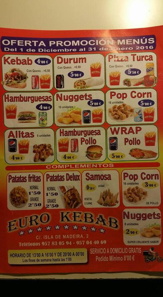 Menu at Euro kebab isla madeira, Córdoba