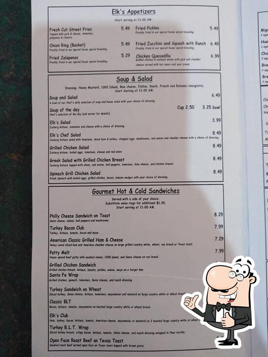 Menu at Elk's Diner restaurant, Burleson