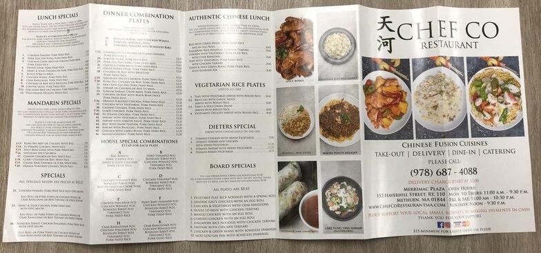 Menu at Chef Co Restaurant, Methuen, 152 Haverhill St