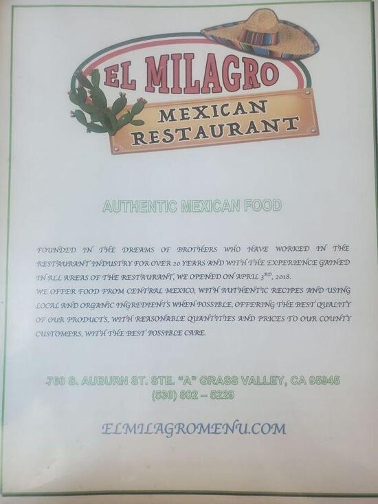 Menu at El Milagro restaurant, Grass Valley