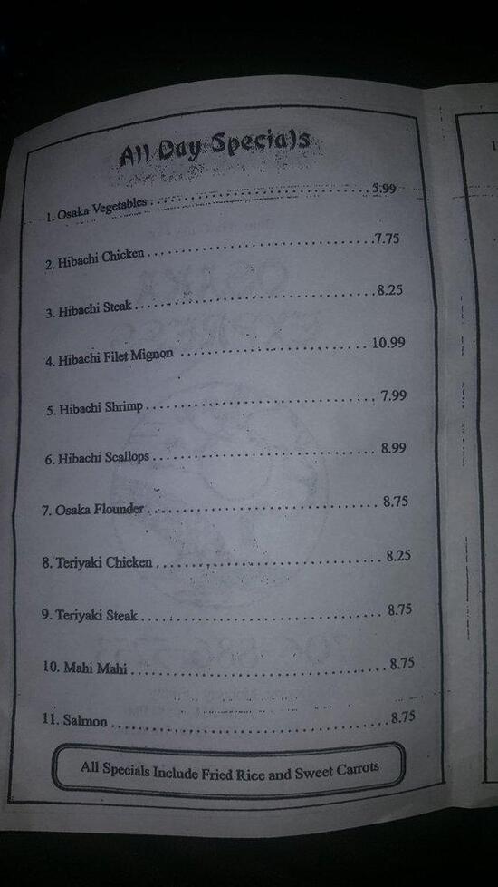 Menu at Osaka Express Japanese Cuisine restaurant, Toccoa