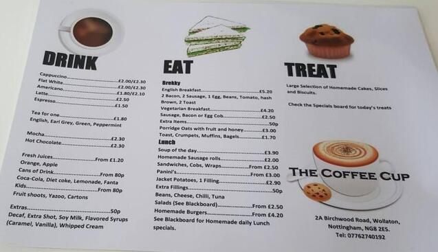 Menu at The Coffee Cup, Nottingham