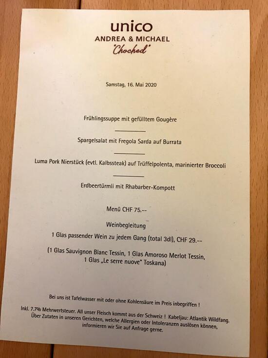 Speisekarte von Unico Restaurant, Zug