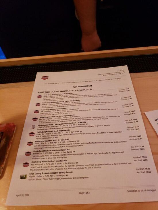 Menu at Helderberg Mountain Brewing Company, East Berne