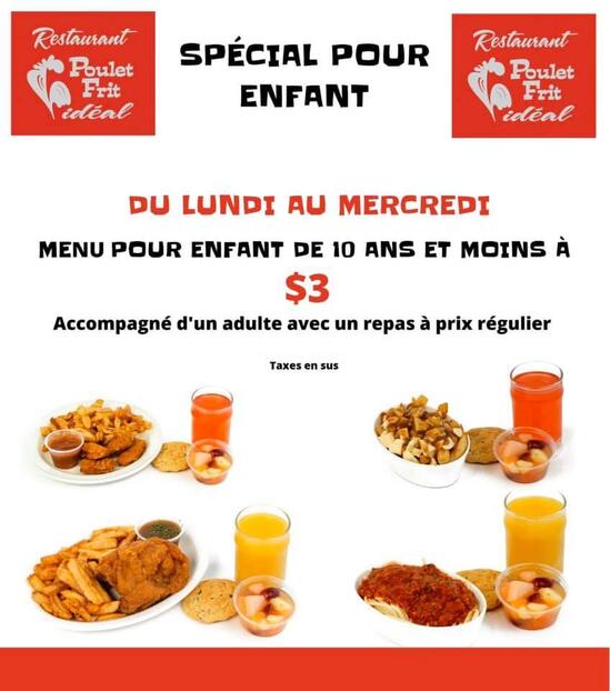 Menu au Poulet Frit Idéal restaurant, Lac-Mégantic