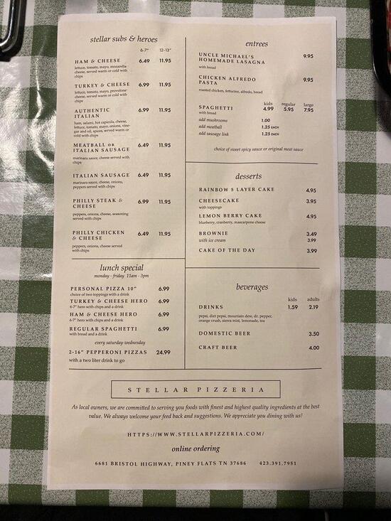 Menu at Stellar Pizzeria, Piney Flats