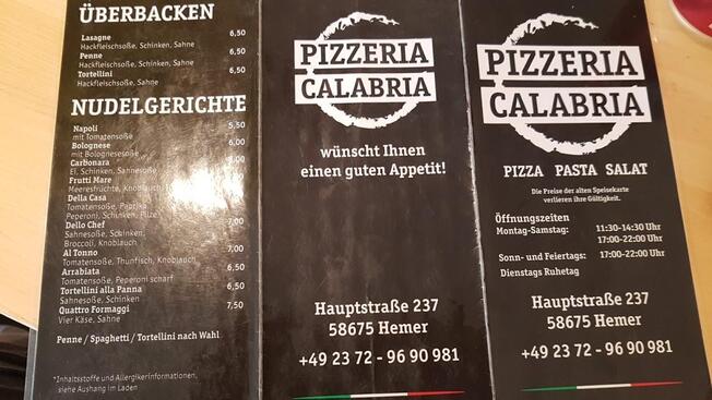 Menu au Pizzeria Calabria, Hemer, Hauptstraße 265