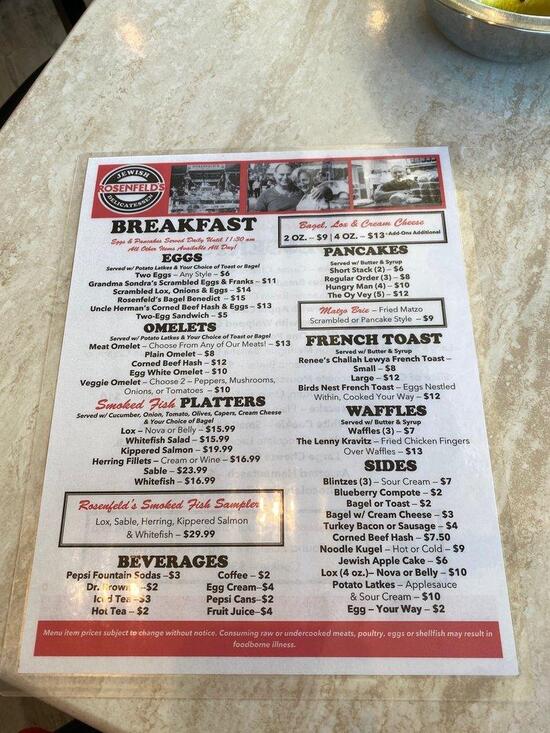 Menu at Rosenfeld's Jewish Deli restaurant, Rehoboth Beach