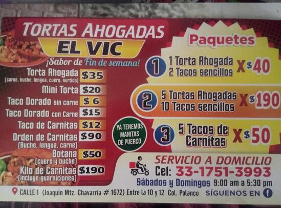 Menu at Tacos Victor restaurant, Guadalajara, Joaquín Martínez ...