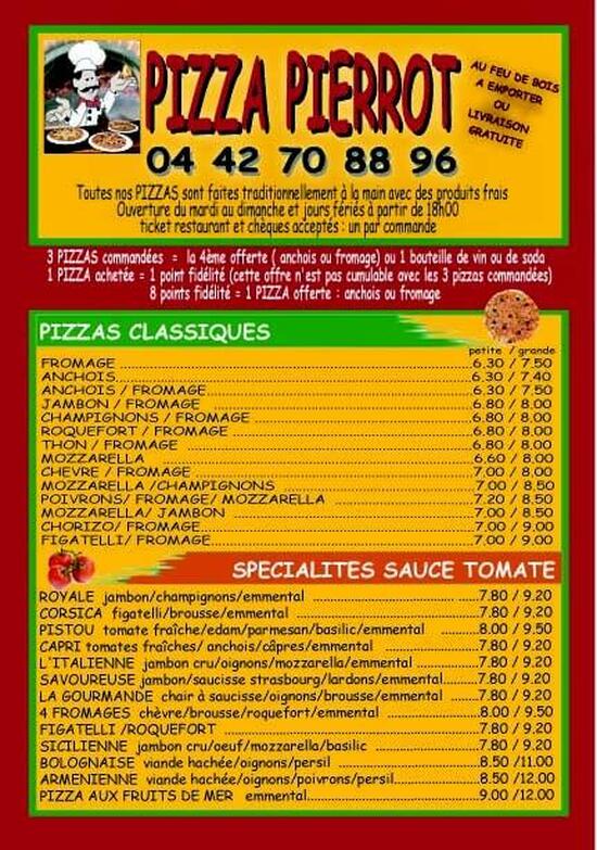 Menu au Pizza Pierrot pizzeria, Auriol