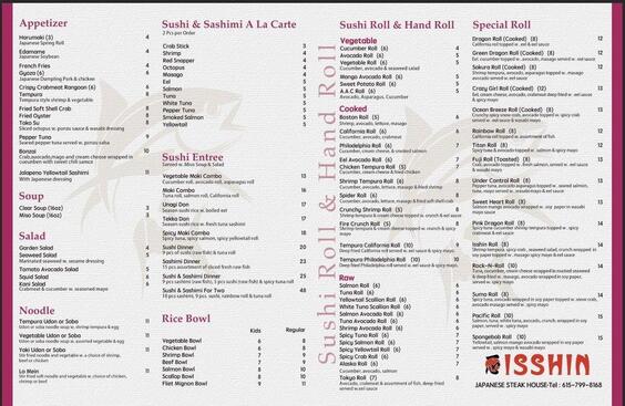 Menu at Isshin Japanese Steakhouse, Fairview