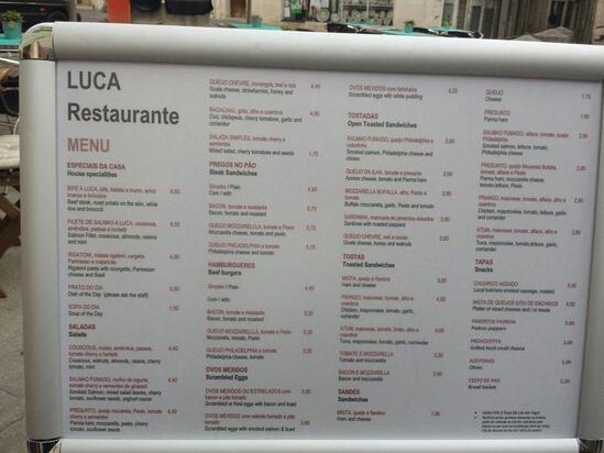 Menu at Luca restaurant, Coimbra