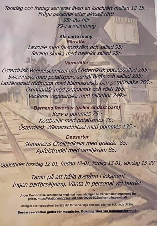 Menu at Stationen Norsesund Restaurang & Catering AB restaurant, Sweden