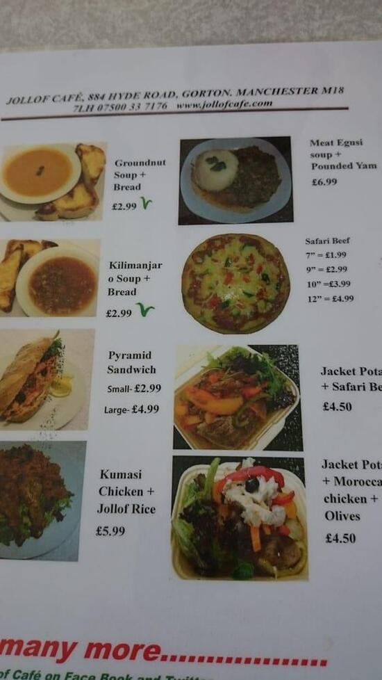 Menu at Jollof Cafe, Manchester