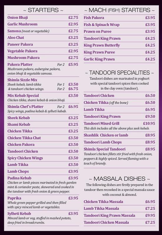 Menu at Shimla Indian Cuisine restaurant, Holmfirth