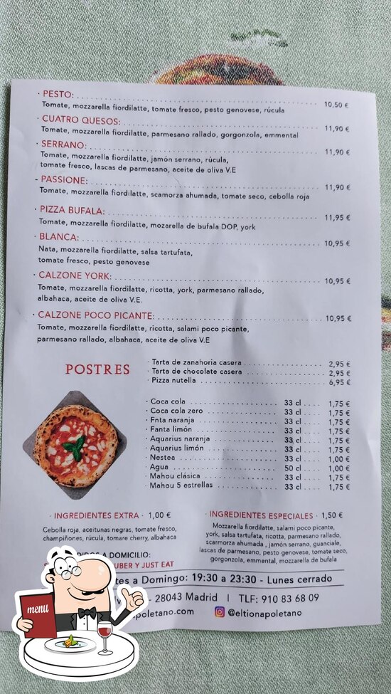 Menu at El tío Napoletano restaurant, Madrid