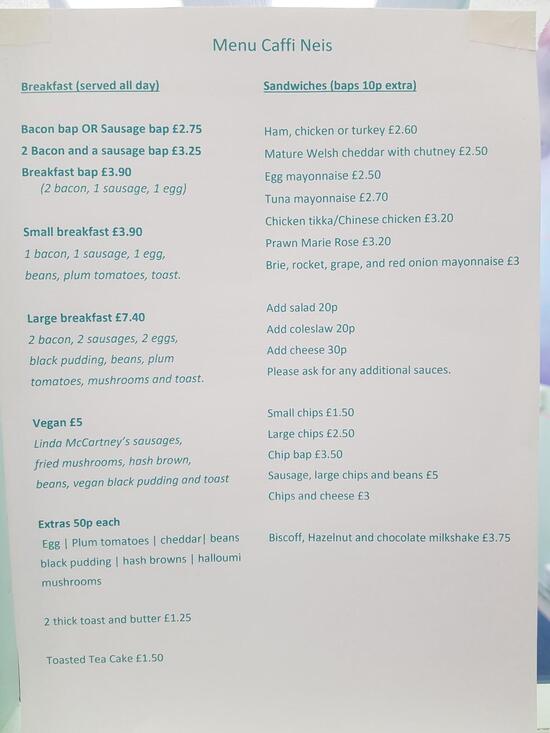 Menu at Neis cafe, Bangor