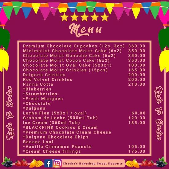 Chacha's Bakeshop Sweet Desserts, Lucena - Restaurant menu, prices and ...