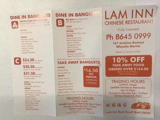 Menu at Lam Inn Chinese Restaurant, Whyalla Norrie