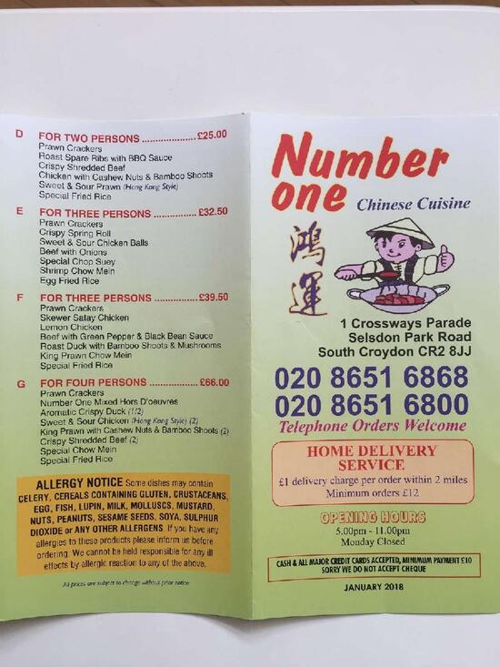Menu at Number One Chinese Cuisine restaurant, South Croydon, Unit 1