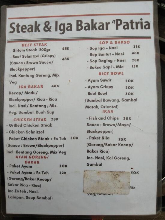 Menu at Steak & Iga Bakar Patria, Pontianak