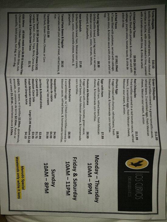 Menu at Los Cuervos restaurant, Lakewood, Pacific Hwy SW