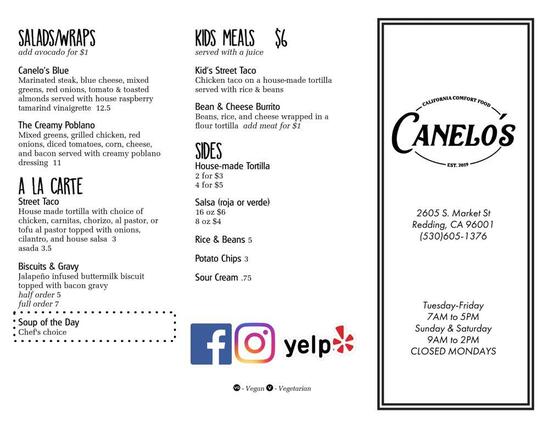 Menu at Canelo’s restaurant, Redding