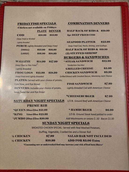 Menu at Kassidy's Studio Lounge restaurant, Shawano