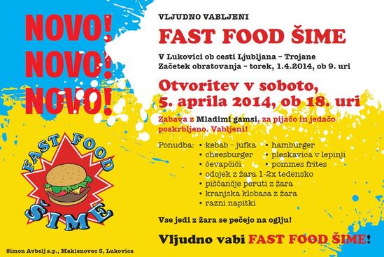 Menu at Okrepčevalnica Fast food Šime, Lukovica pri Domžalah