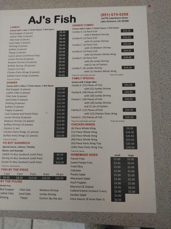Menu at AJ's Fish Market restaurant, Lake Elsinore