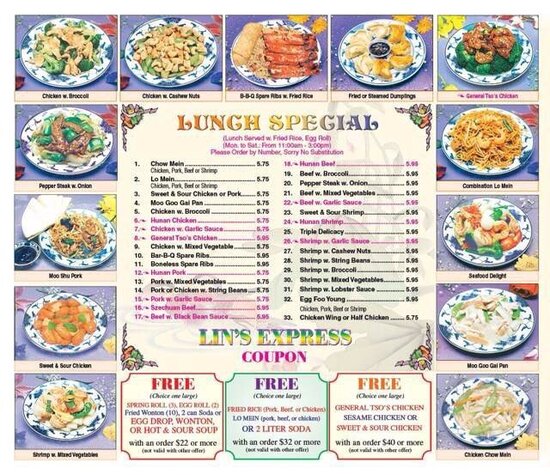 Menu at Lin's Express restaurant, Fredericksburg