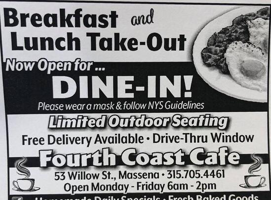 Menu at Fourth Coast Cafe.., Massena