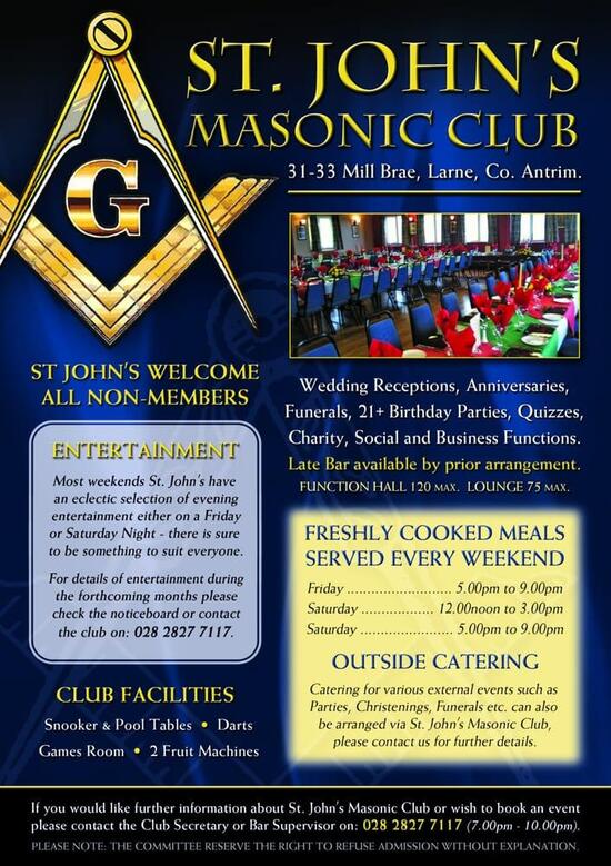 Menu at St John's Masonic Club, Larne