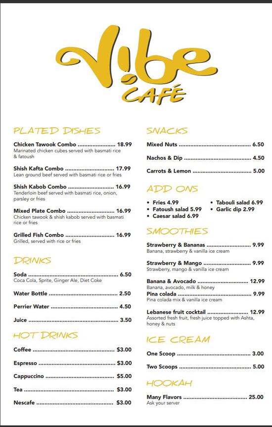 Menu at VIBE CAFE AND LOUNGE, Windsor