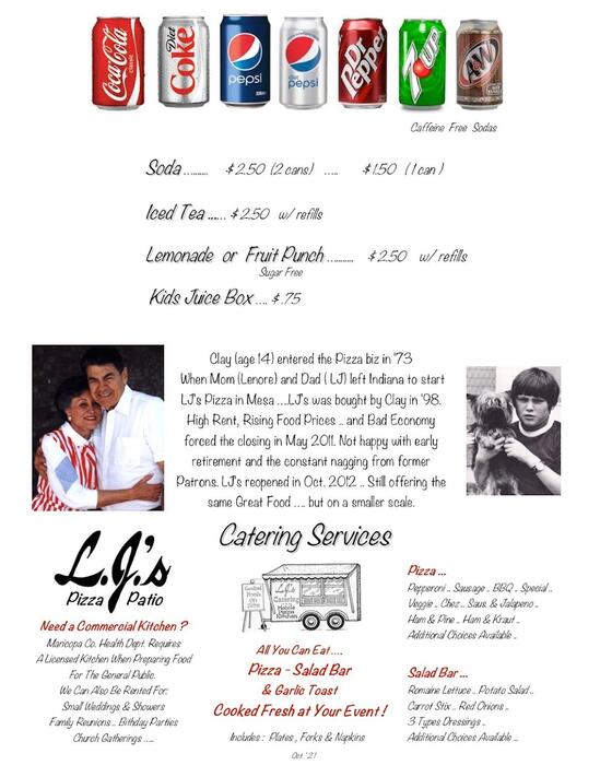 Menu at L J's Pizza Patio restaurant, Mesa