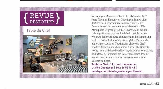 Carta del restaurante Table du Chef, Dudelange