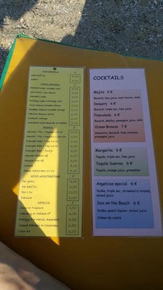 Menu at Angelica's Beach Taverna, Kos, Kos