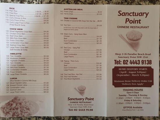Menu at Sanctuary Point Chinese fast food, Sanctuary Point