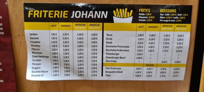 Menu au chez johan restaurant, Fourmies
